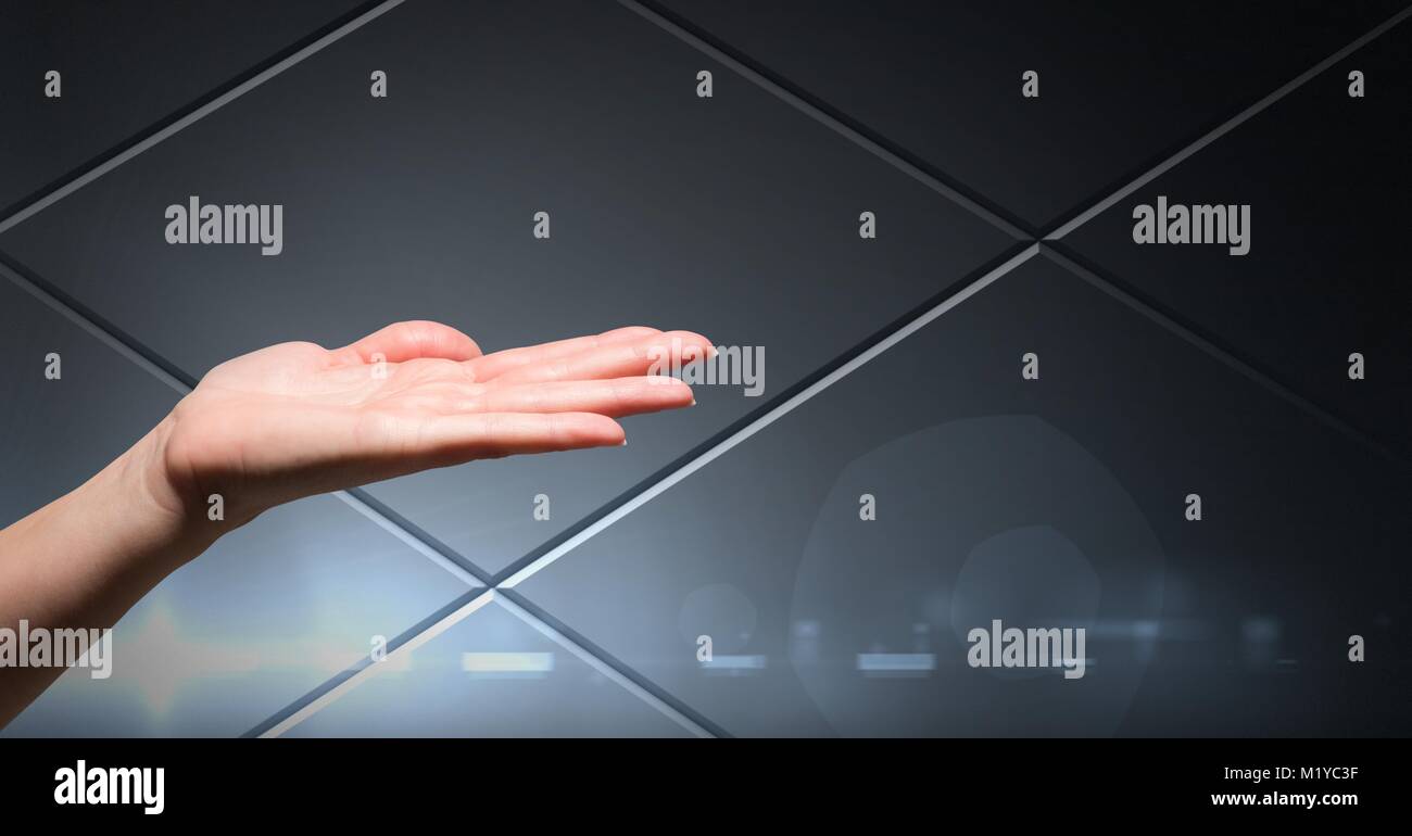 Hand open with grey technology background Stock Photo - Alamy