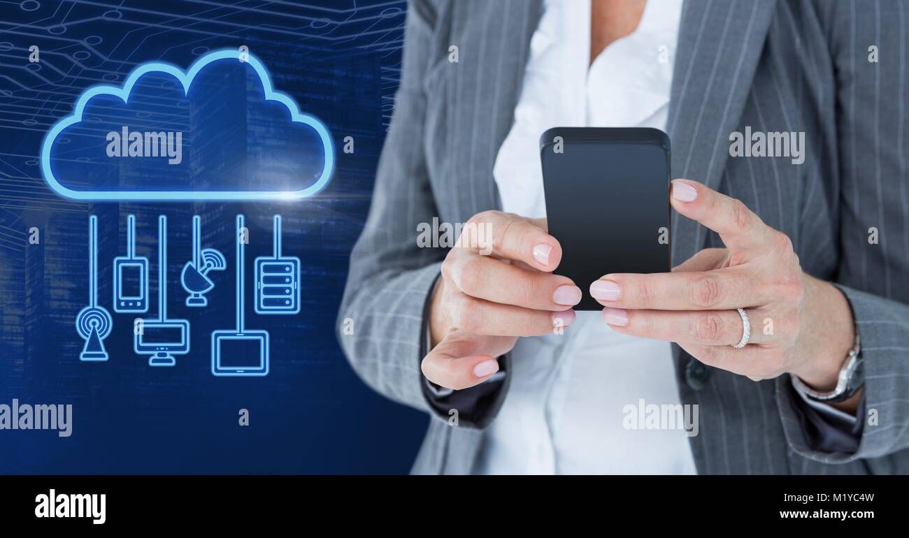 Hand holding phone with cloud icon and hanging connection devices Stock ...