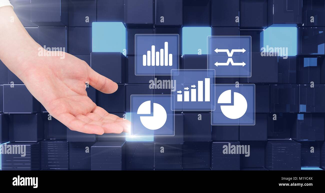 Hand touching business chart statistic icons Stock Photo - Alamy