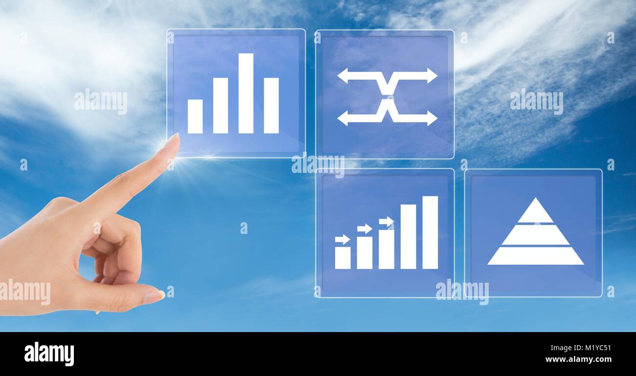 Hand touching business chart statistic icons Stock Photo - Alamy