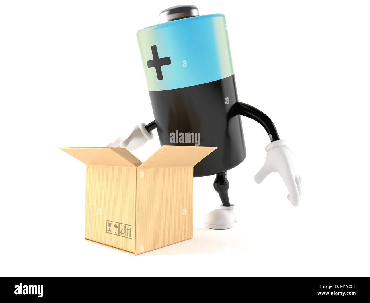 Battery character with open box isolated on white background Stock ...