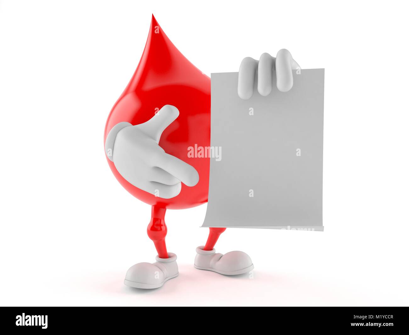 Blood drop character with blank sheet of paper isolated on white ...