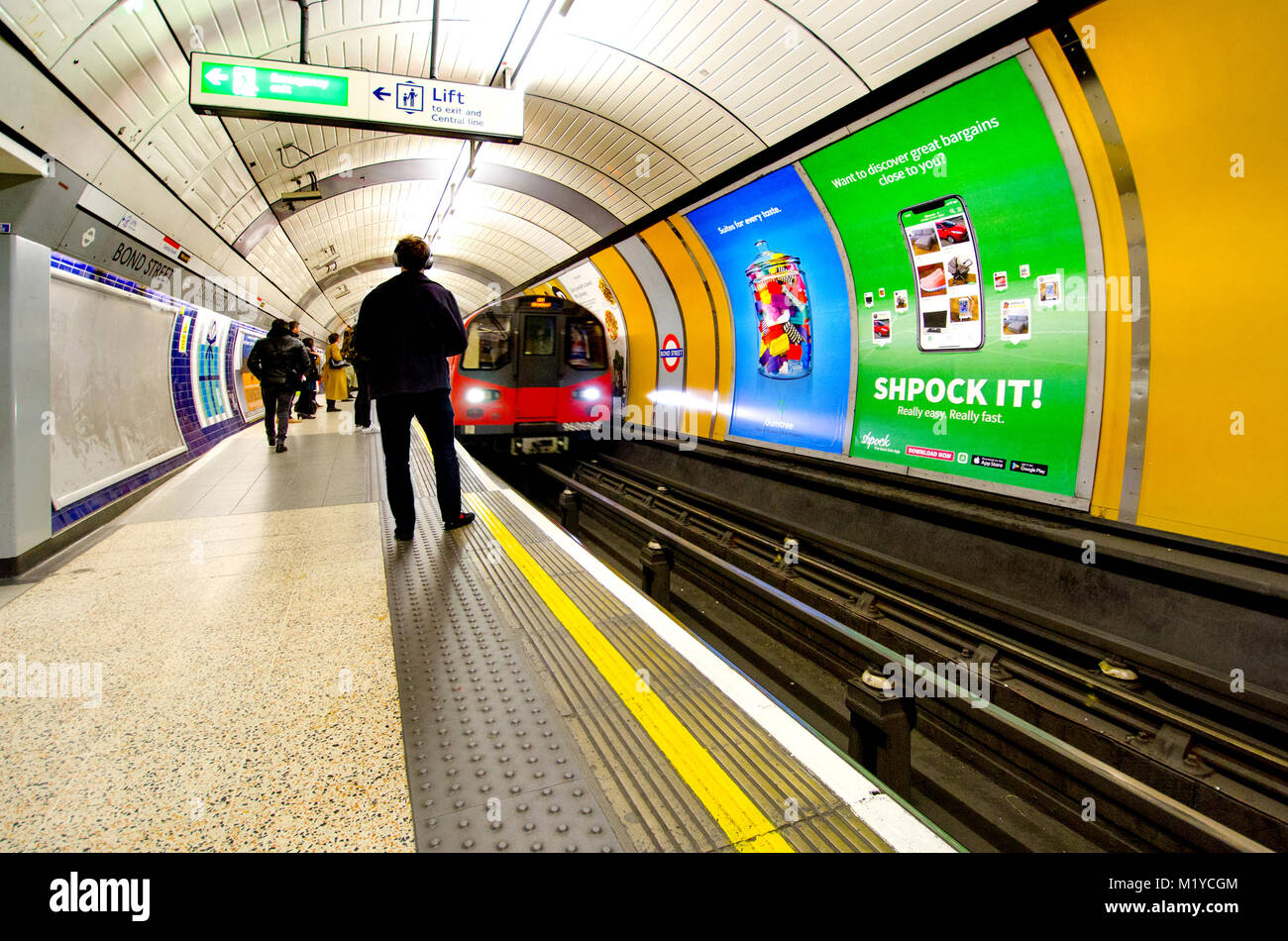 London, England, UK. Tube train arriving in Bond Street underground ...