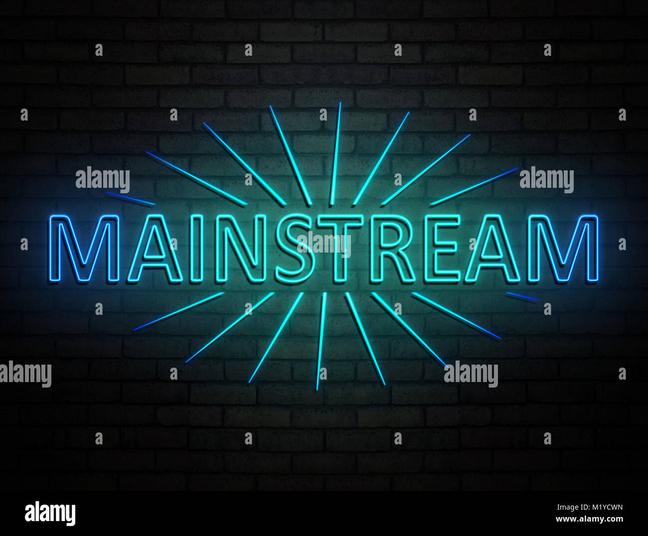 3d Illustration depicting an illuminated neon sign with a mainstream ...
