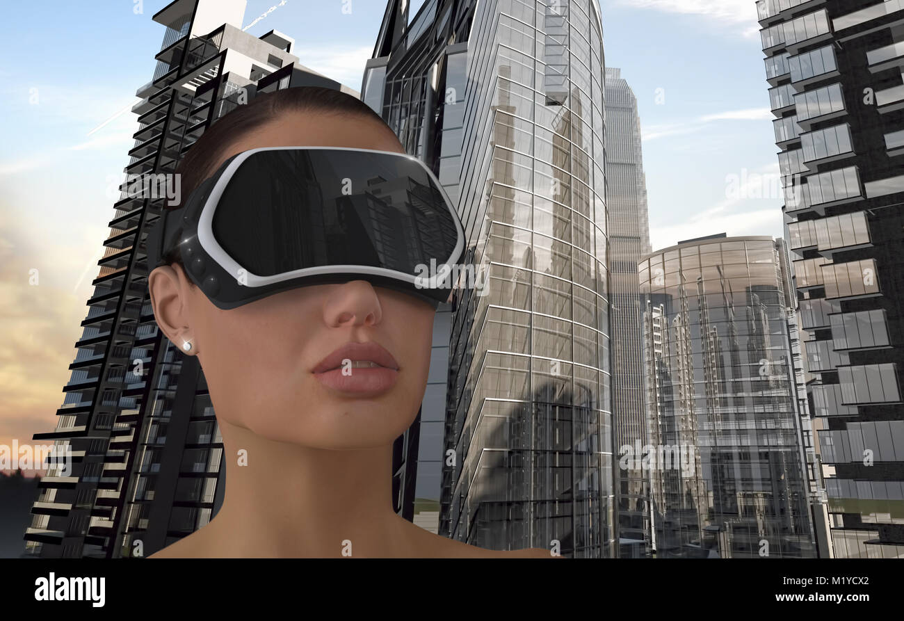 3D Illustration of a Woman wearing a Virtual reality head-mounted ...
