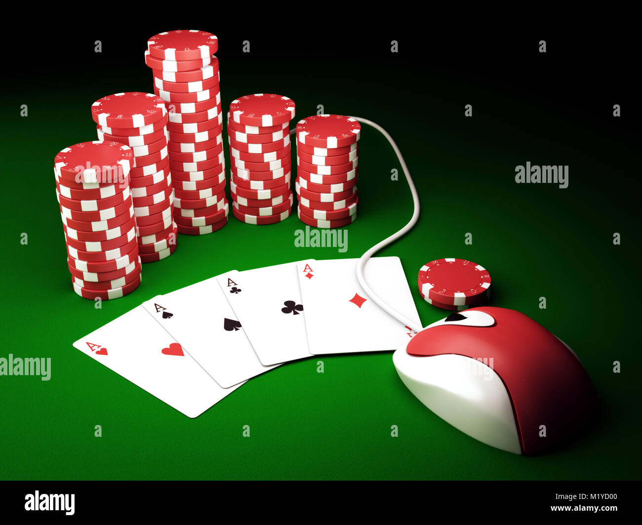Gambling chips and poker cards on green carpet with computer mouse - 3D ...