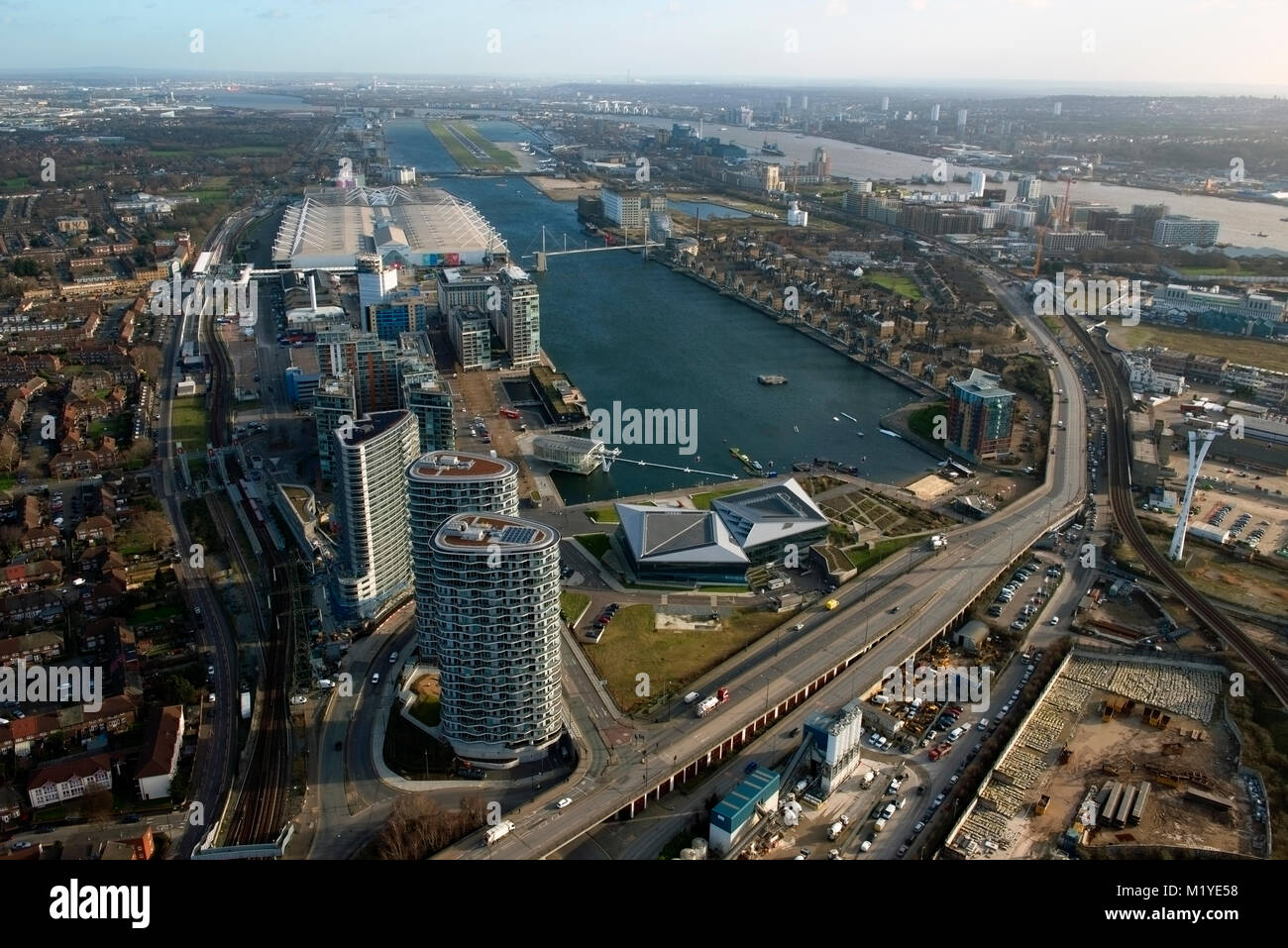 Aerial view of Royal Victoria Dock and The London City Airport East ...