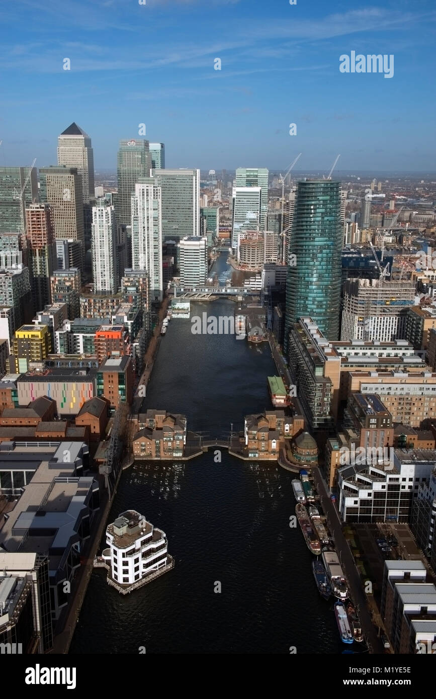 Aerial view of the Canary Wharf financial district on the Isle of Dogs ...