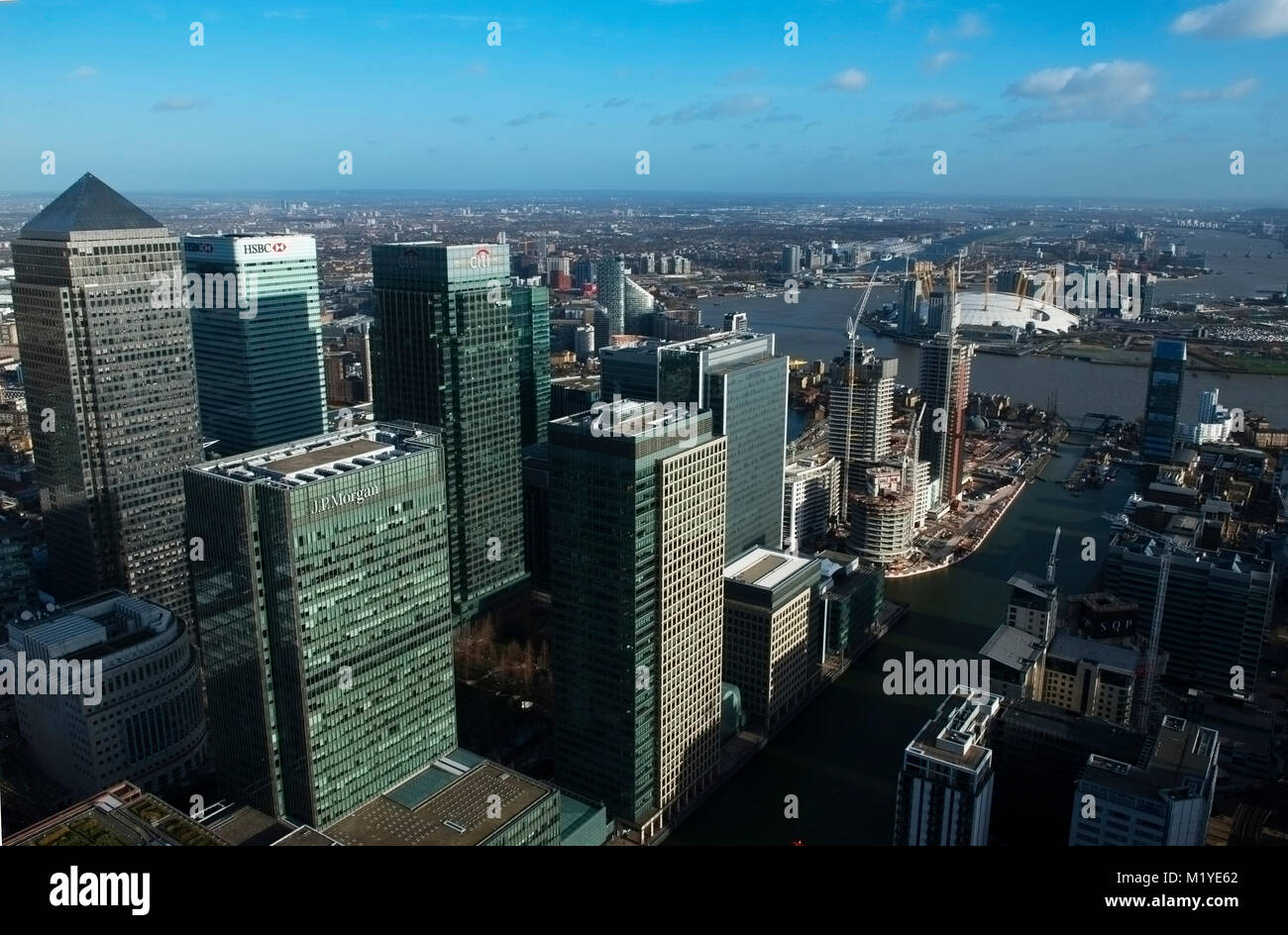 Aerial view of the Canary Wharf financial district on the Isle of Dogs ...