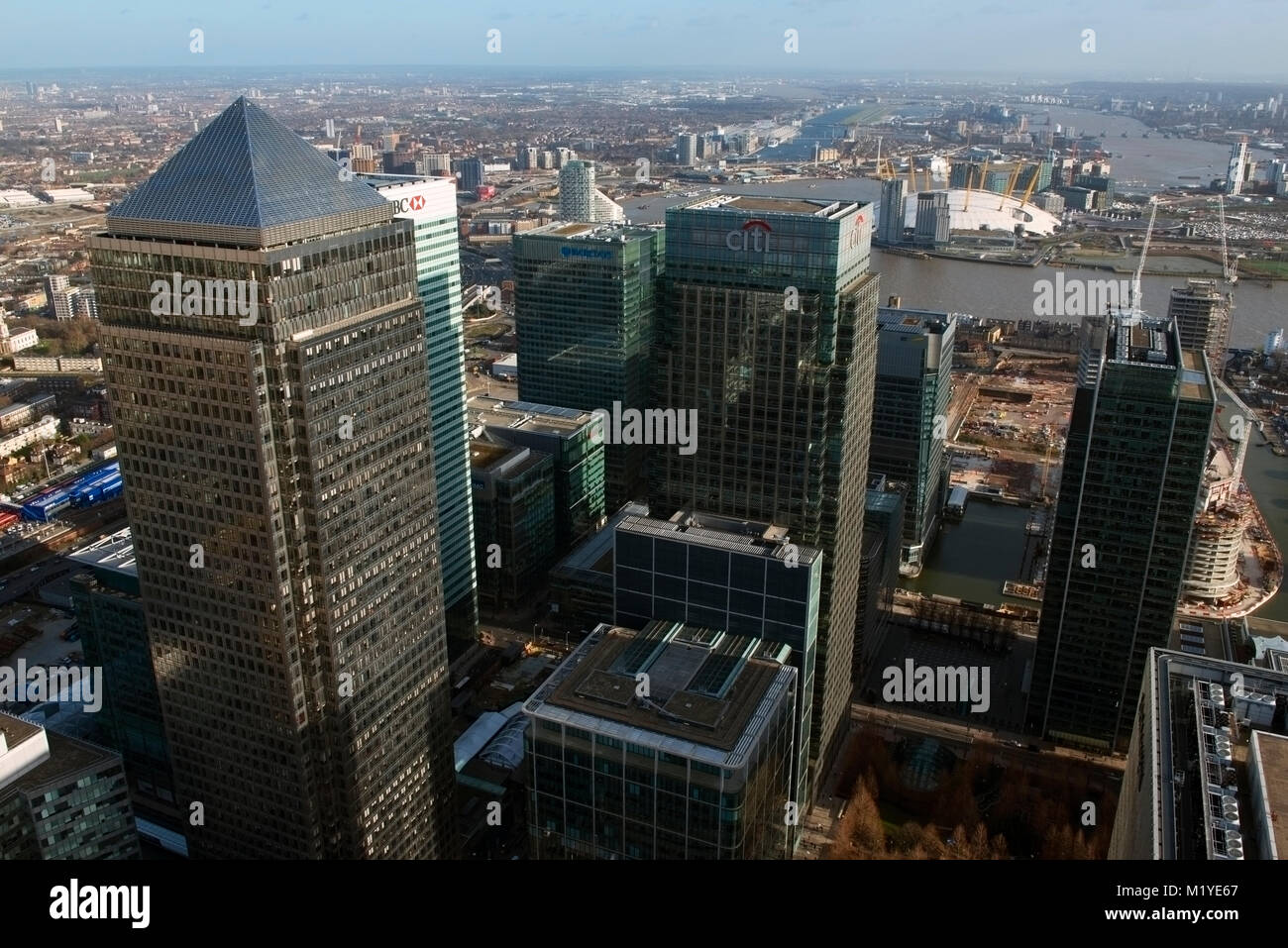 Aerial view of the Canary Wharf financial district on the Isle of Dogs ...