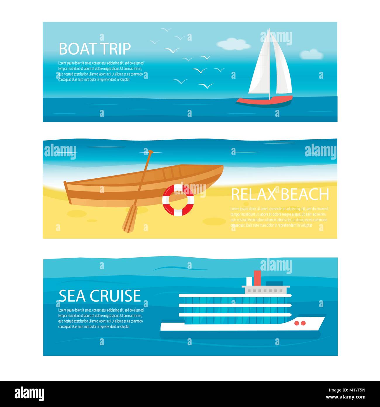 Collection of horizontal banner with sea, ocean and sail boat, ship ...