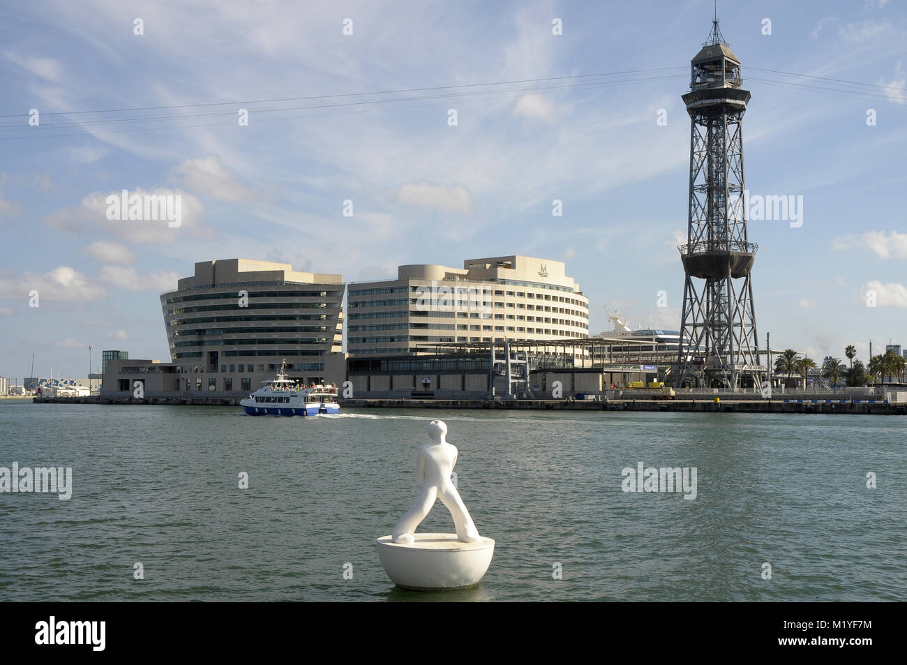 Barcelona, Spain. 13 August 2017. Cableway tower, World Trade Center ...