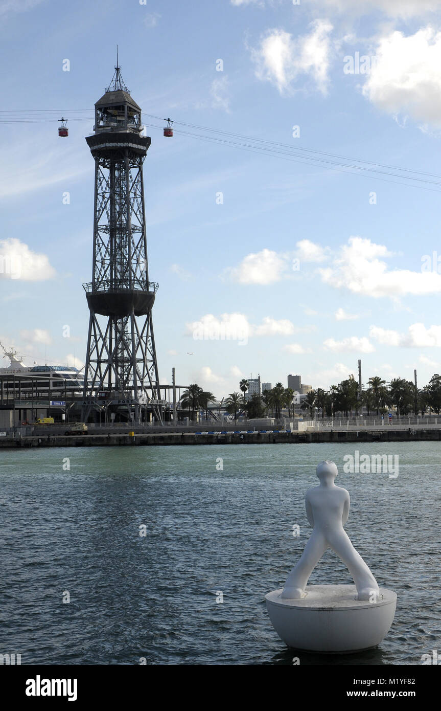 Barcelona, Spain. 13 August 2017. Cableway tower, port vell, old port ...