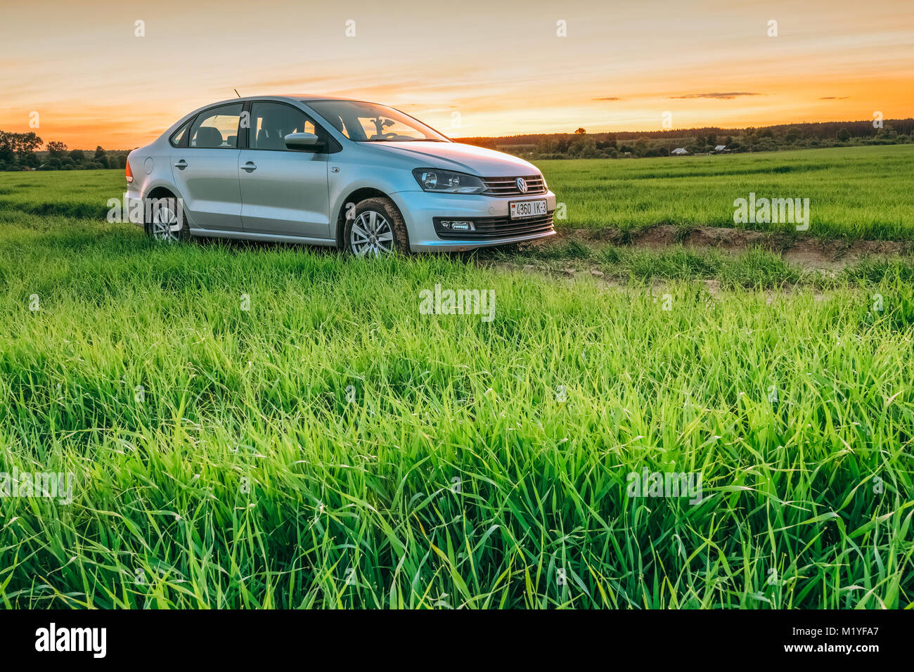 Dobrush, Belarus - May 27, 2017: A beautiful Volkswagen Polo Vento car ...
