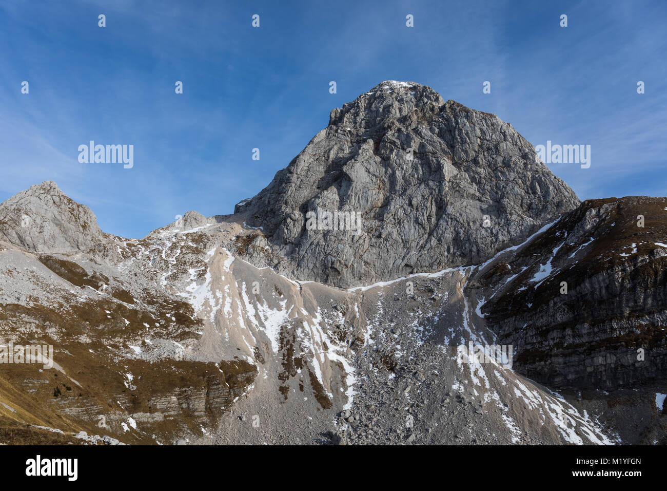 Mangart (also Mangrt), one of the highest mountains of Julian Alps ...