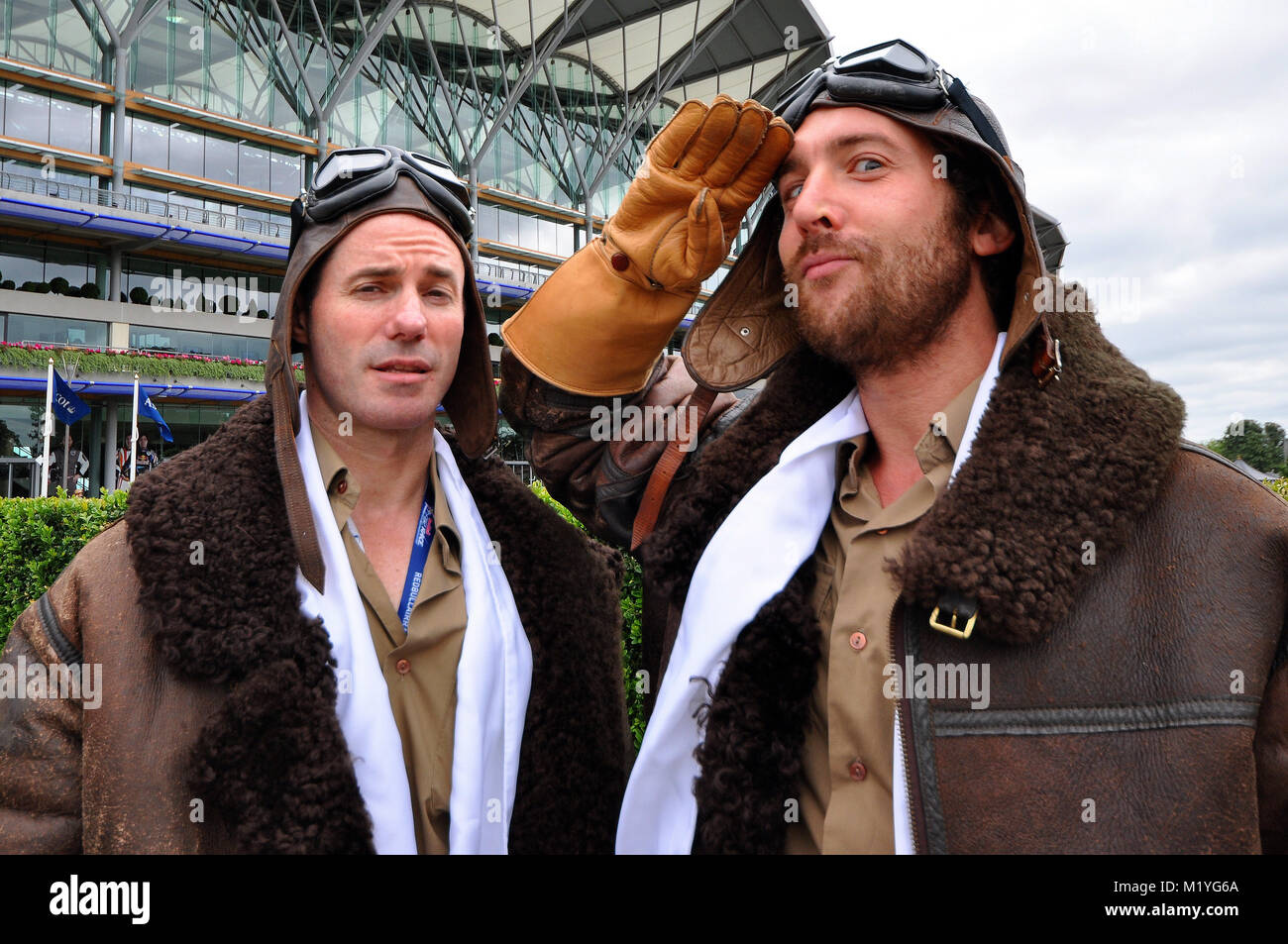 Comedy pilots. Actors dressed as pilots with sheepskin jackets, leather ...