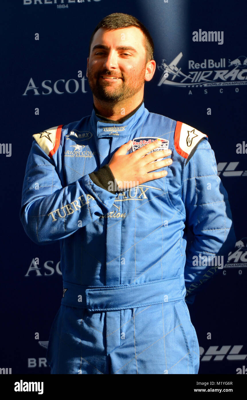 Winning pilot Kevin Coleman on podium for Red Bull Air Race Challenger ...
