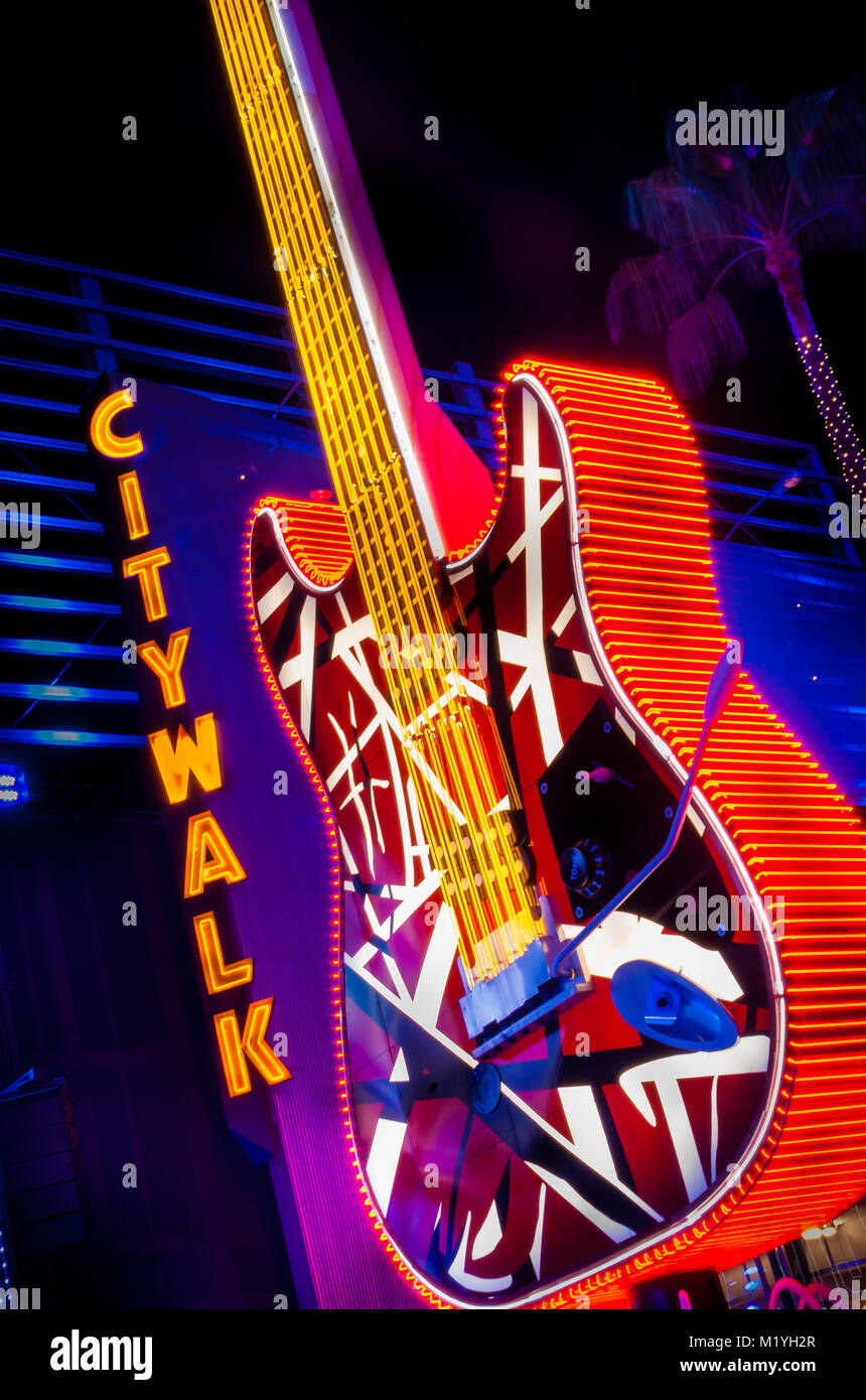 Neon guitar lit up at the Universal Studios Citywalk in Hollywood ...