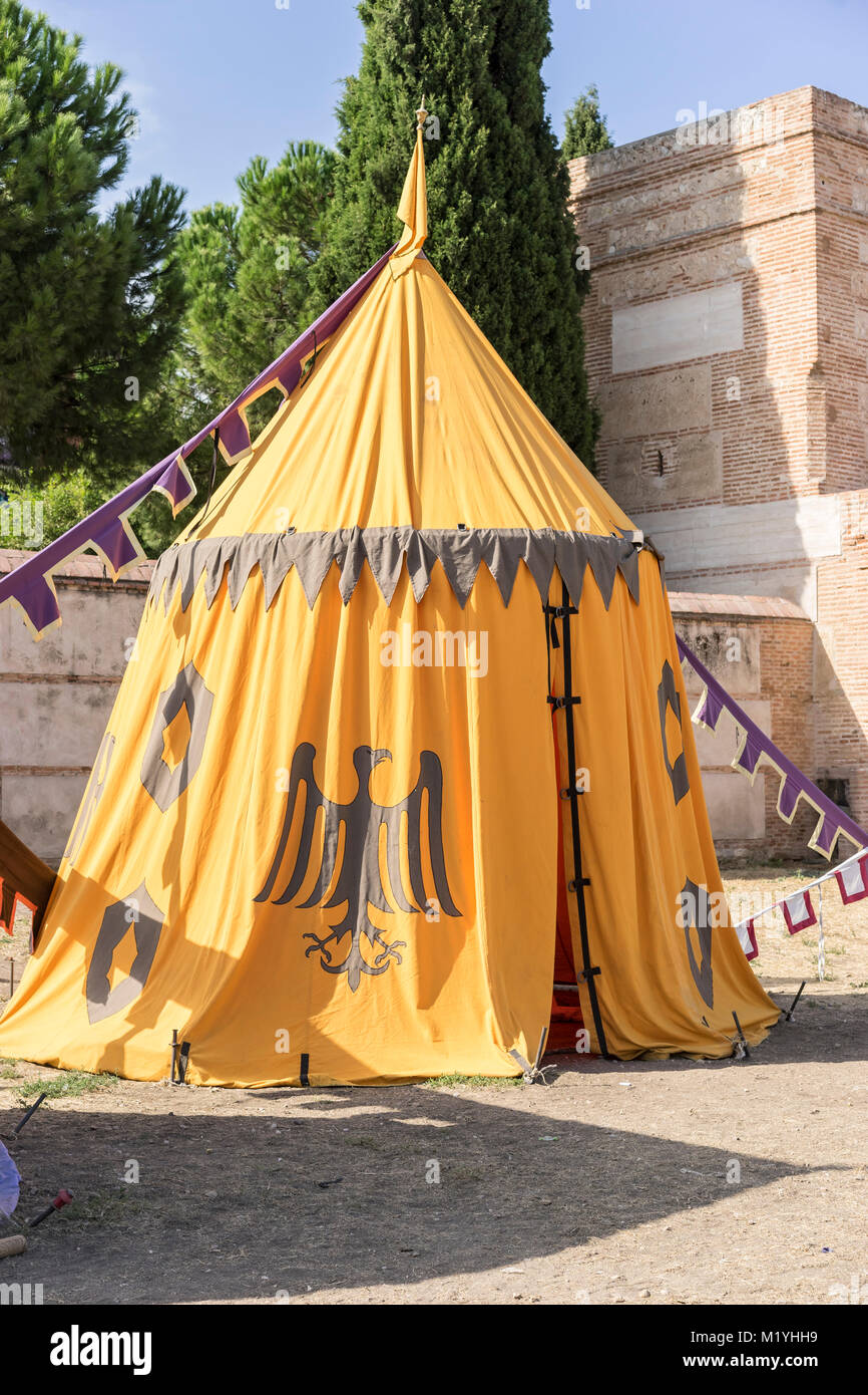 medieval tent of different colors with coats of arms and blazons of ...
