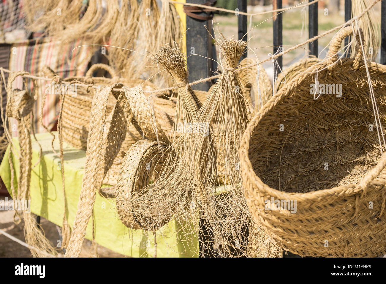 wicker baskets at a traditional medieval fair in Alcalá de Henares ...
