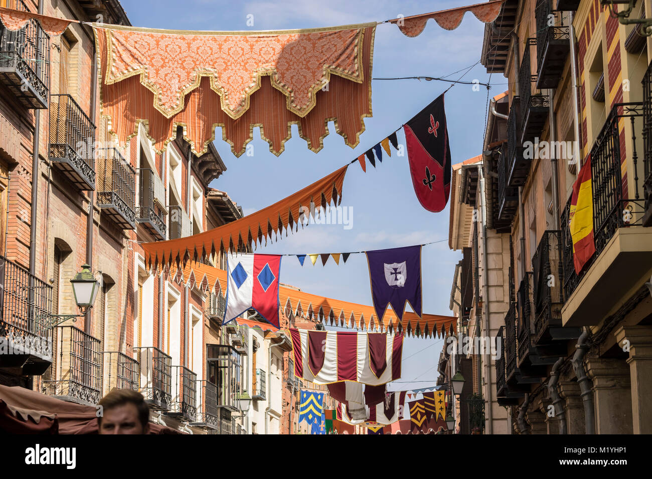 Flags, traditional medieval festival in the streets of Alcala de ...