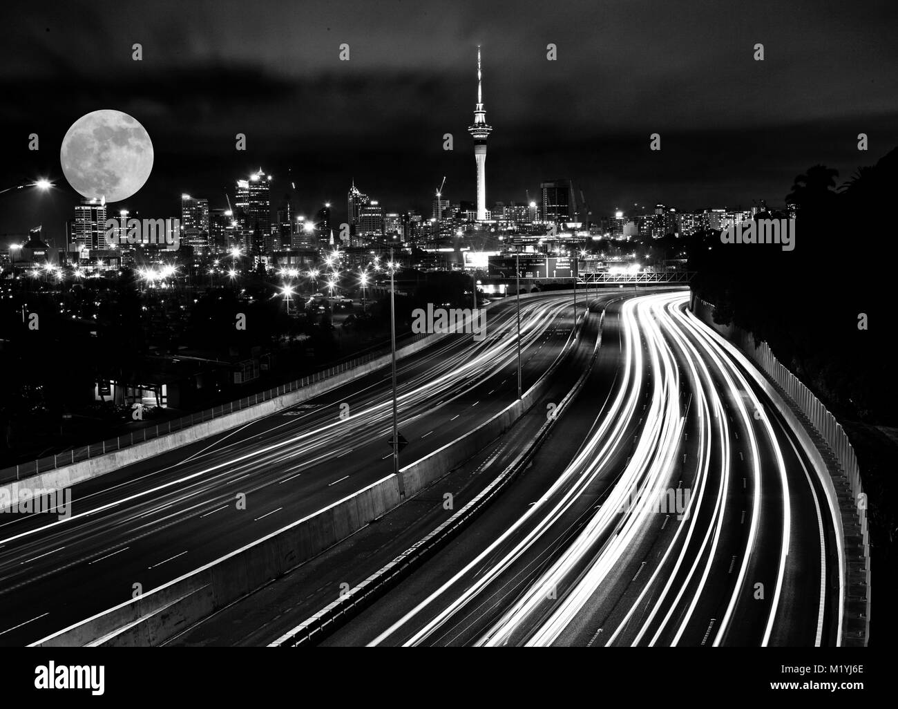 Full Moon Auckland City freeway lights north shore Stock Photo - Alamy