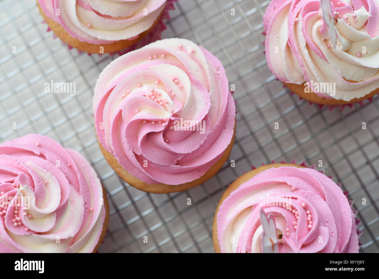 vanilla cupcakes with pink icing swirl Stock Photo - Alamy