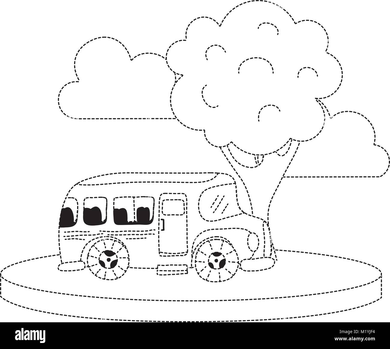 dotted shape school bus in the city with clouds and tree Stock Vector ...