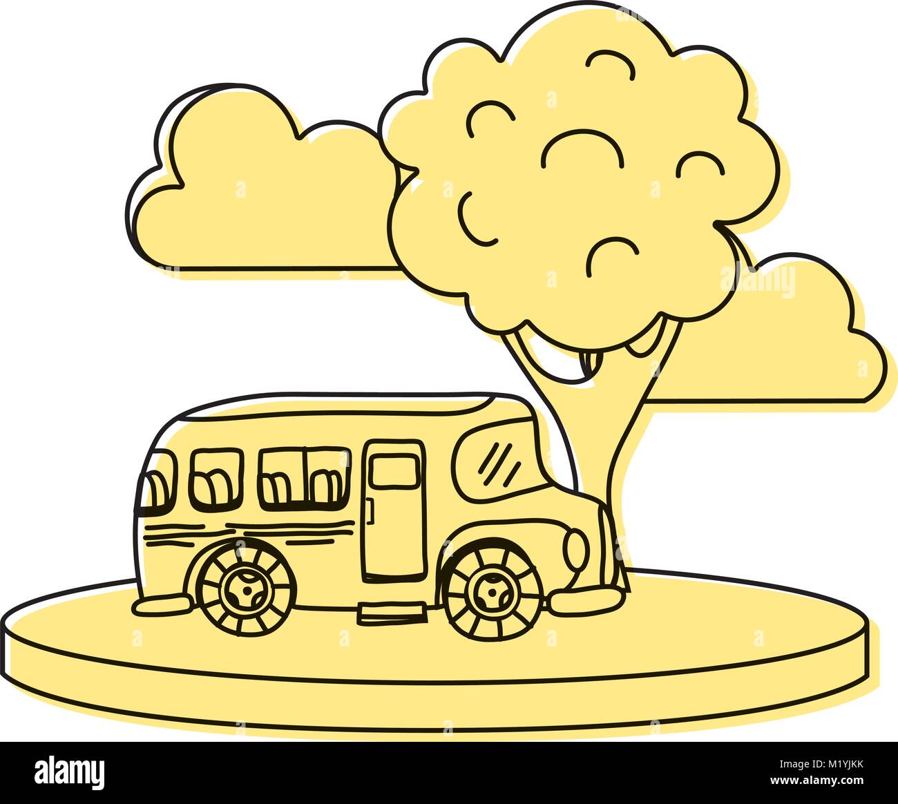 color school bus in the city with clouds and tree Stock Vector Image ...