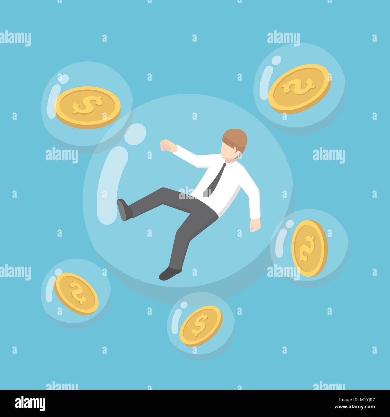 Flat 3d isometric businessman and dollar coin floating in bubbles ...