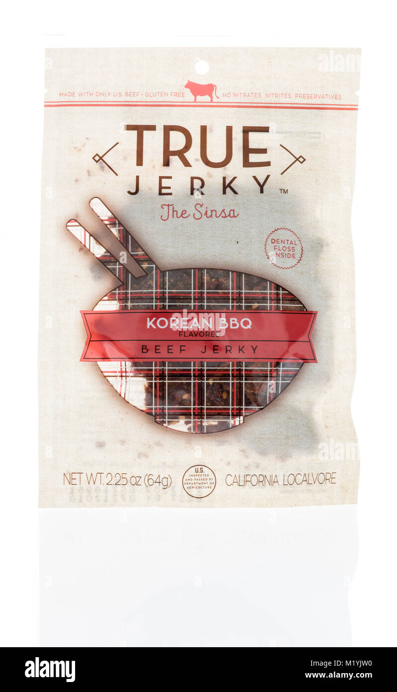 Winneconne, WI - 31 January 2018: A package True jerky in Korean BBQ ...