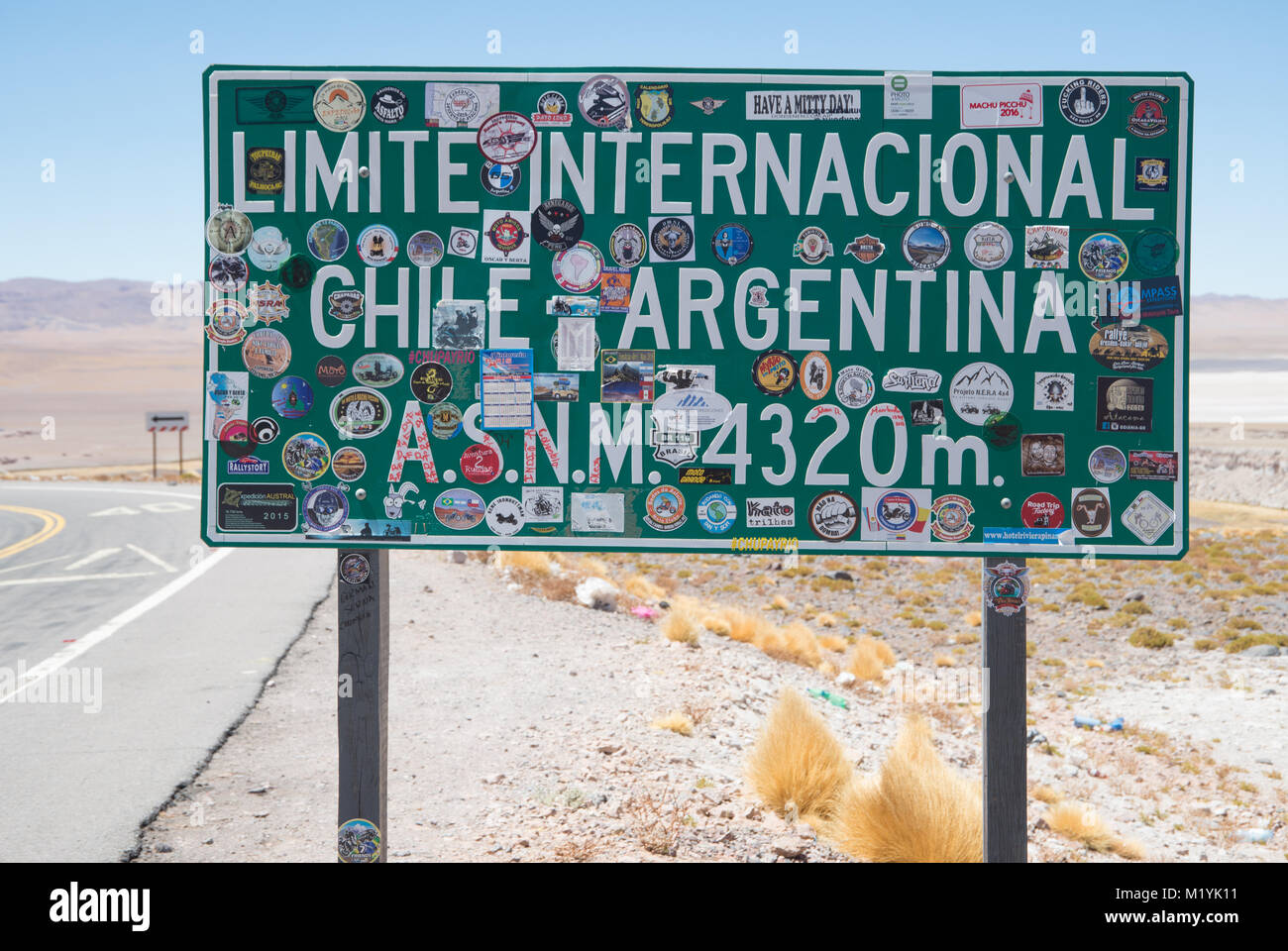 Signs at the border between Argentina and Chile in the Atacama Desert ...