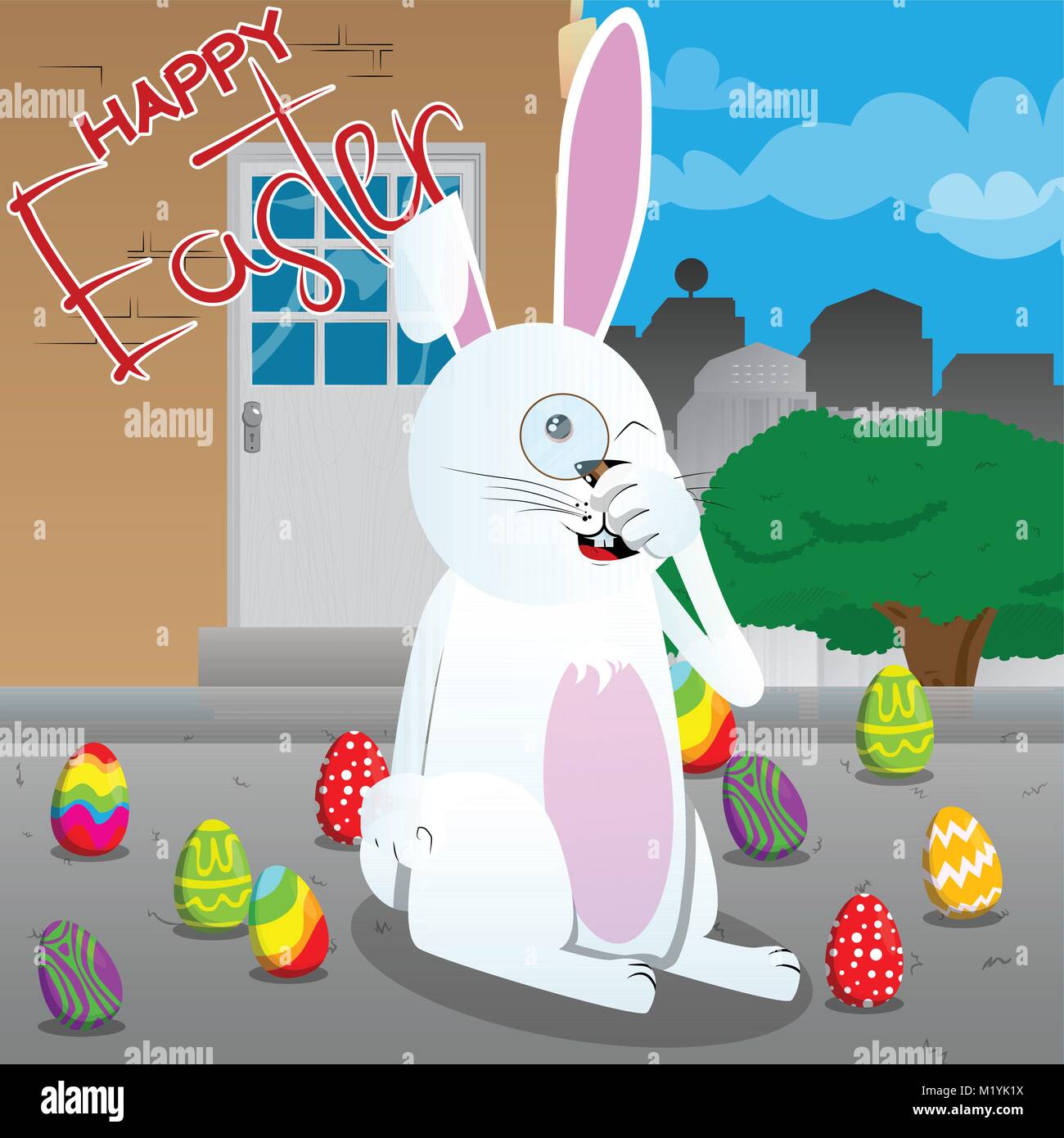 Easter bunny holding a magnifying glass. Vector cartoon character ...