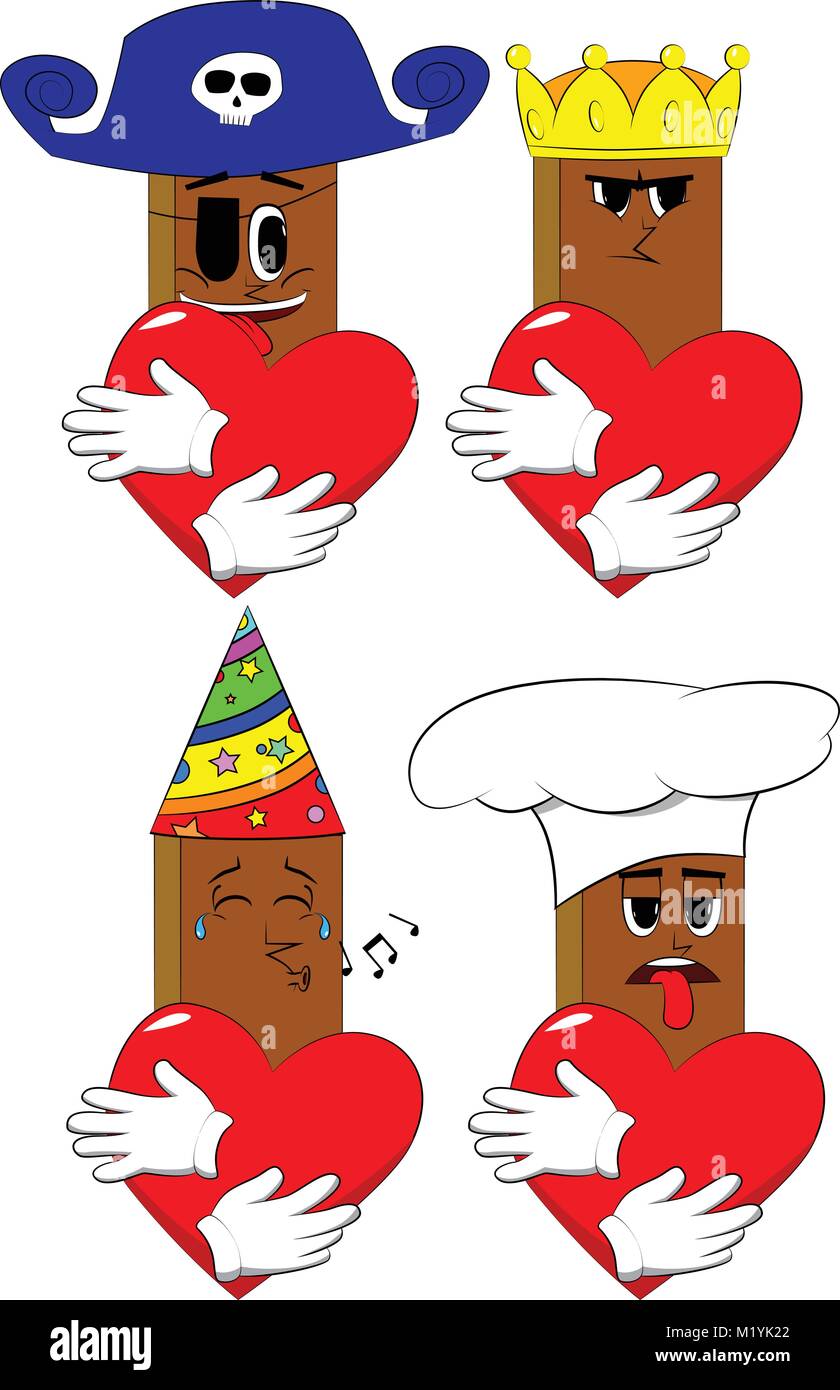 Books hugging big red heart. Cartoon book collection with costume faces ...