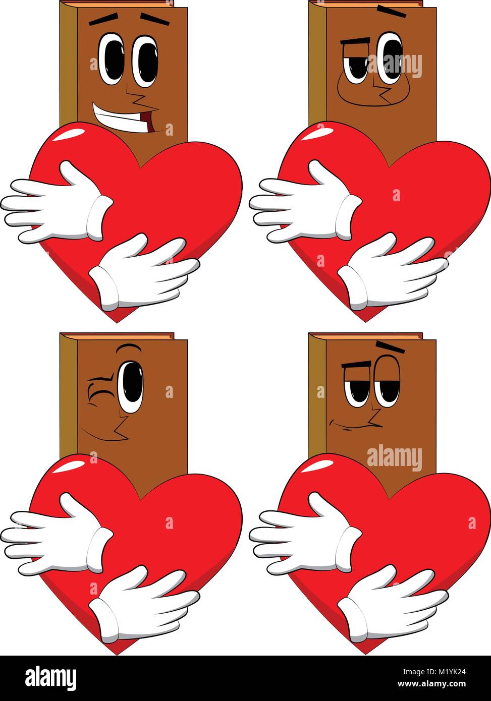 Books hugging big red heart. Cartoon book collection with happy faces ...