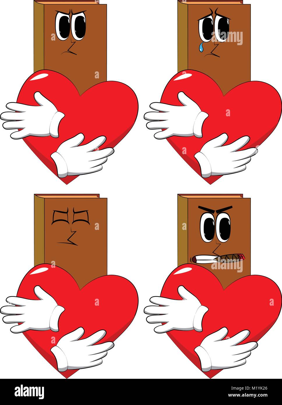 Books hugging big red heart. Cartoon book collection with angry and sad ...