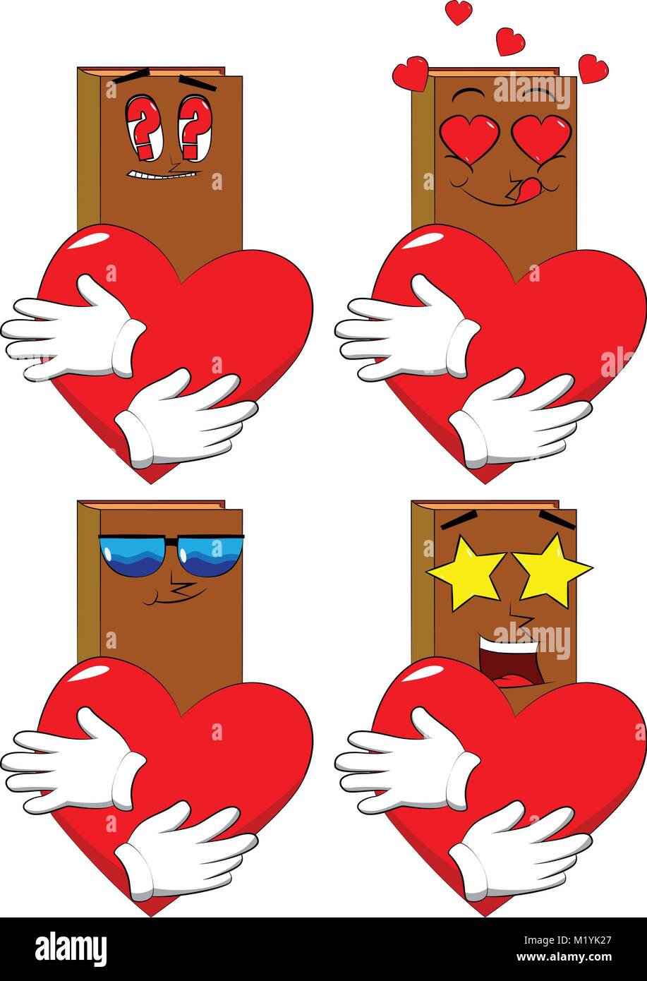 Books hugging big red heart. Cartoon book collection with various faces ...