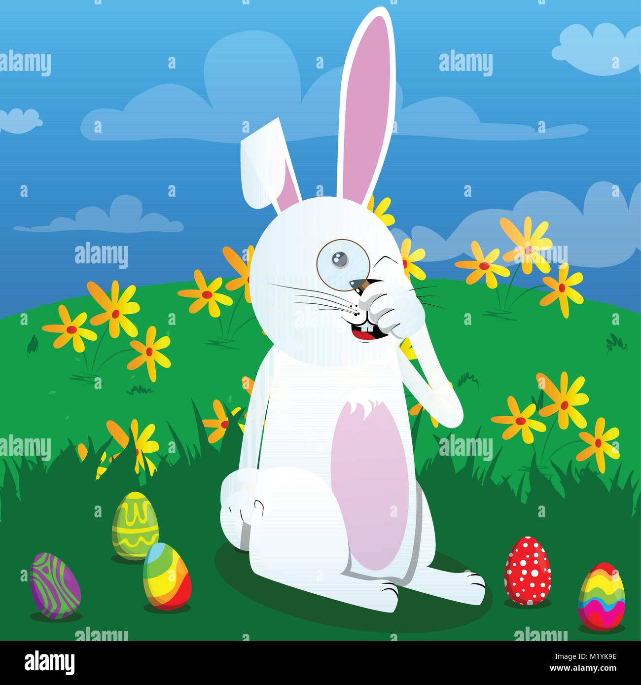 Easter bunny holding a magnifying glass. Vector cartoon character ...