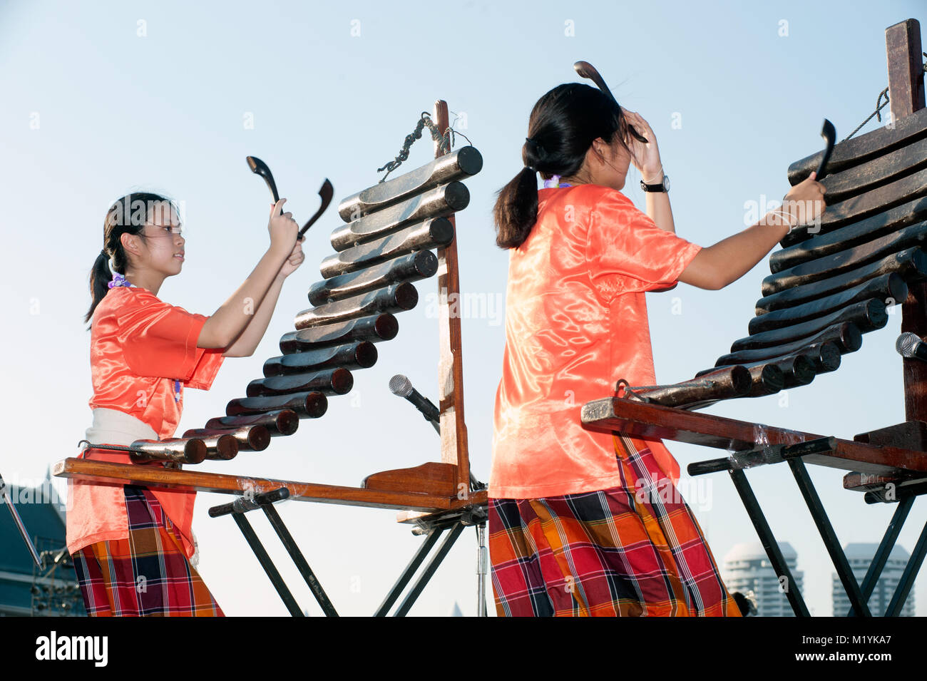 Unidentified people of Thai music band playing Pong Lang traditional ...