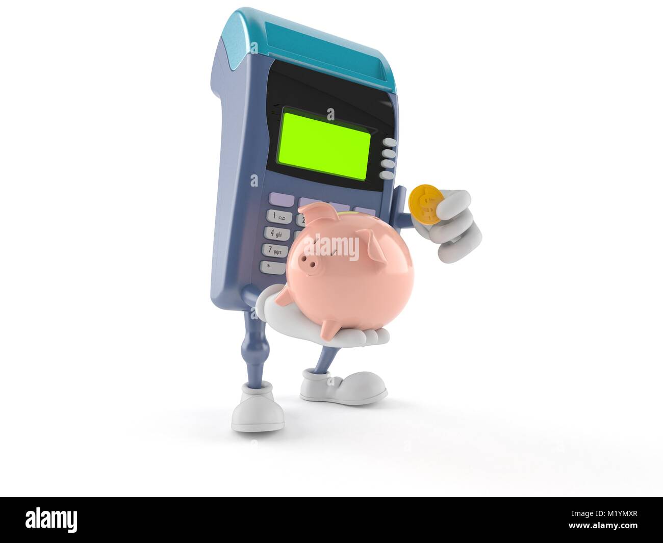 Credit card reader character with piggy bank isolated on white ...
