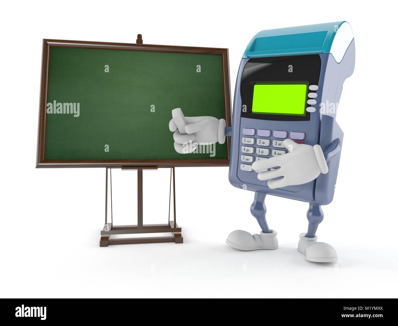Credit card reader character with blank blackboard isolated on white ...