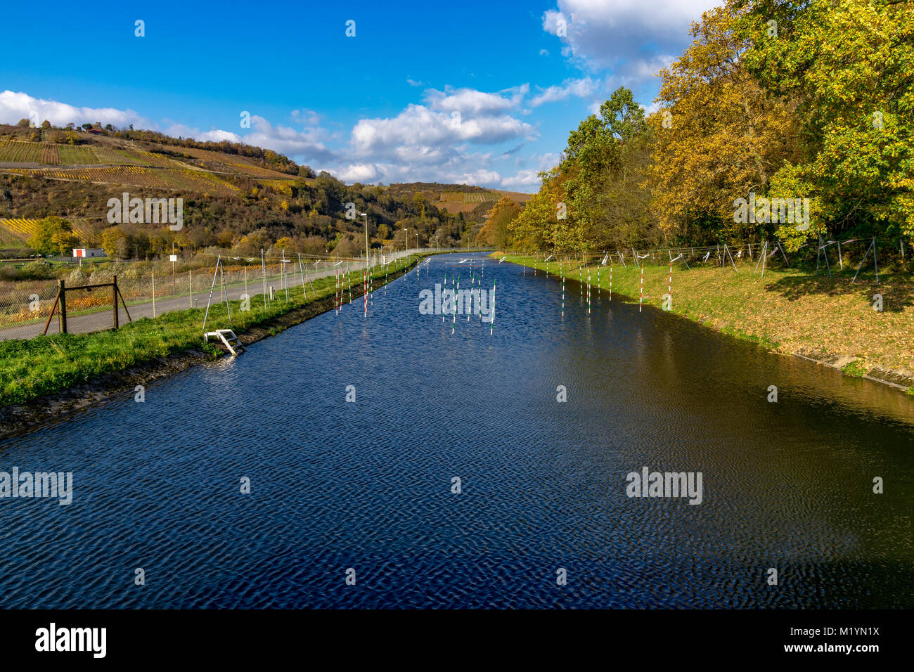 Straightened river with canoe sport obstacles Stock Photo - Alamy