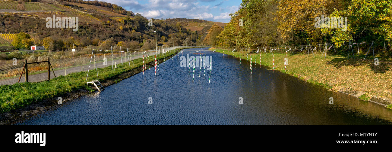 Straightened river with canoe sport obstacles Stock Photo - Alamy