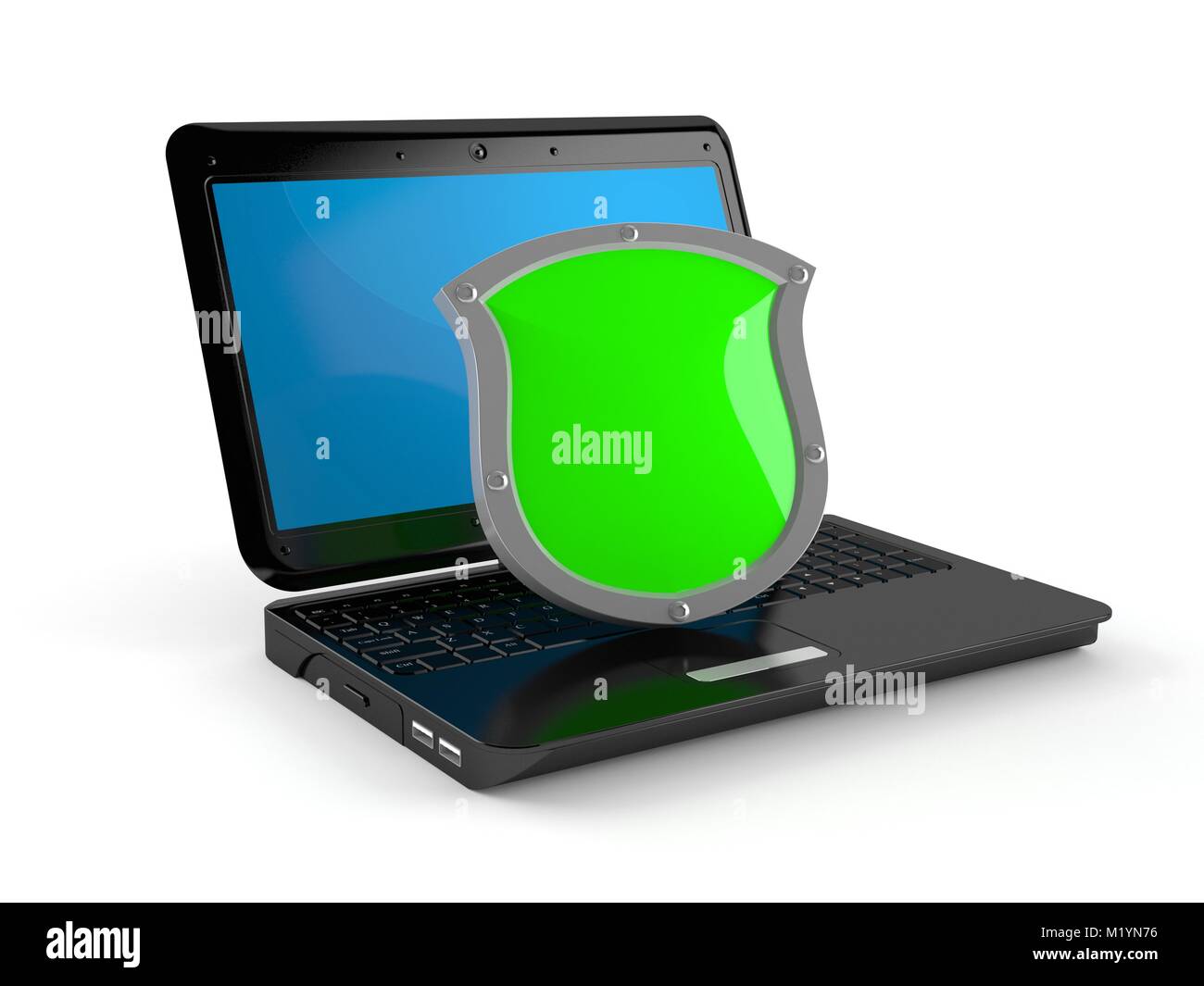 Laptop with shield isolated on white background Stock Photo - Alamy