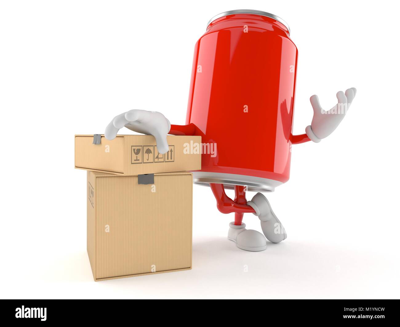 Soda can character with stack of boxes isolated on white background ...