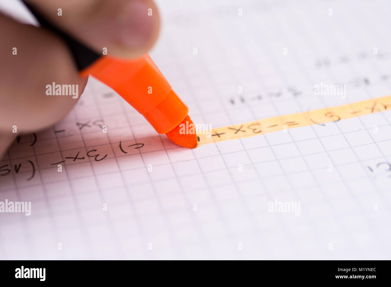 Highlighter in Childrens Hand Marked Text in Notebook. School Concept ...