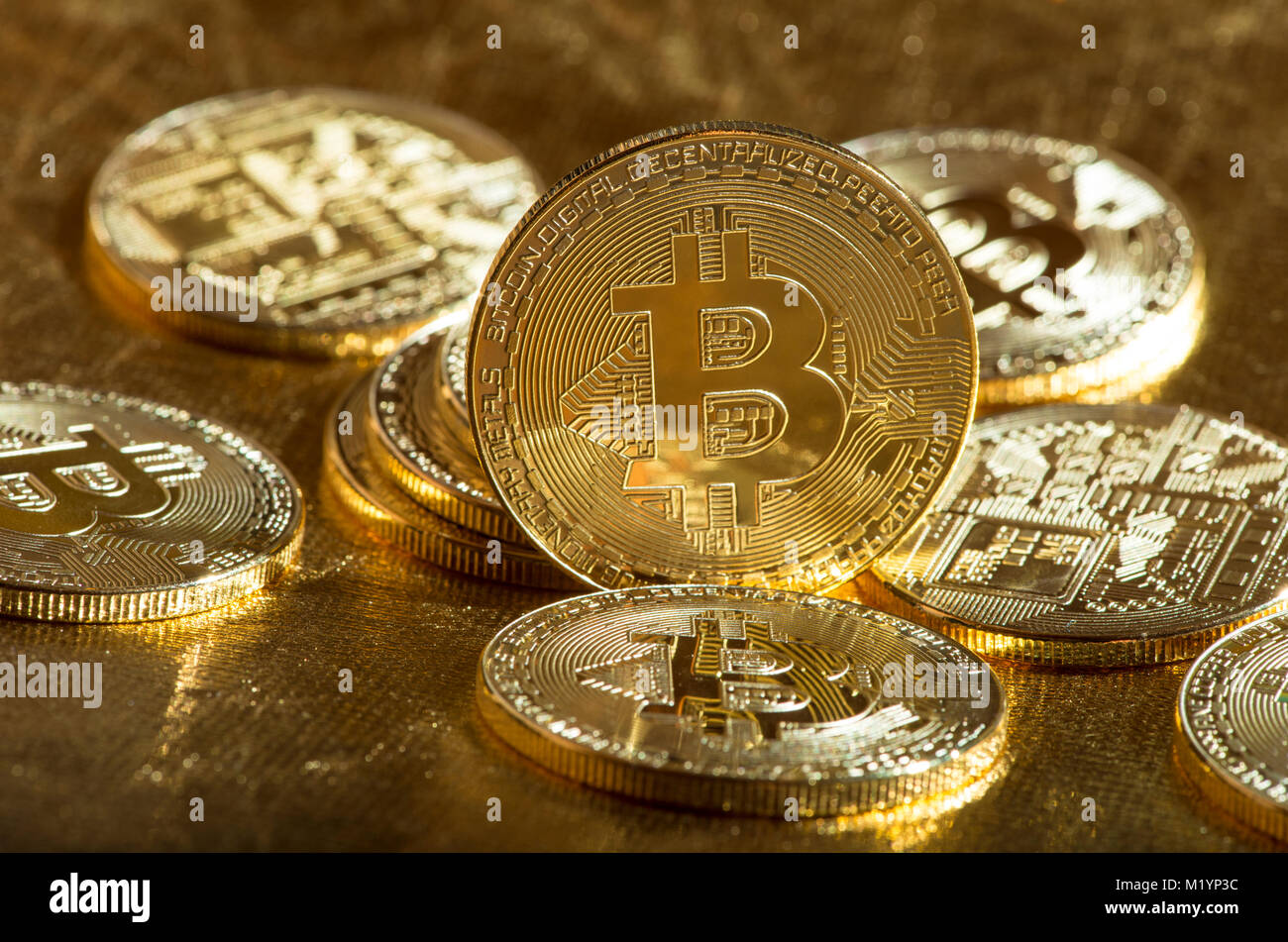 Bitcoin background. Many coins Stock Photo - Alamy