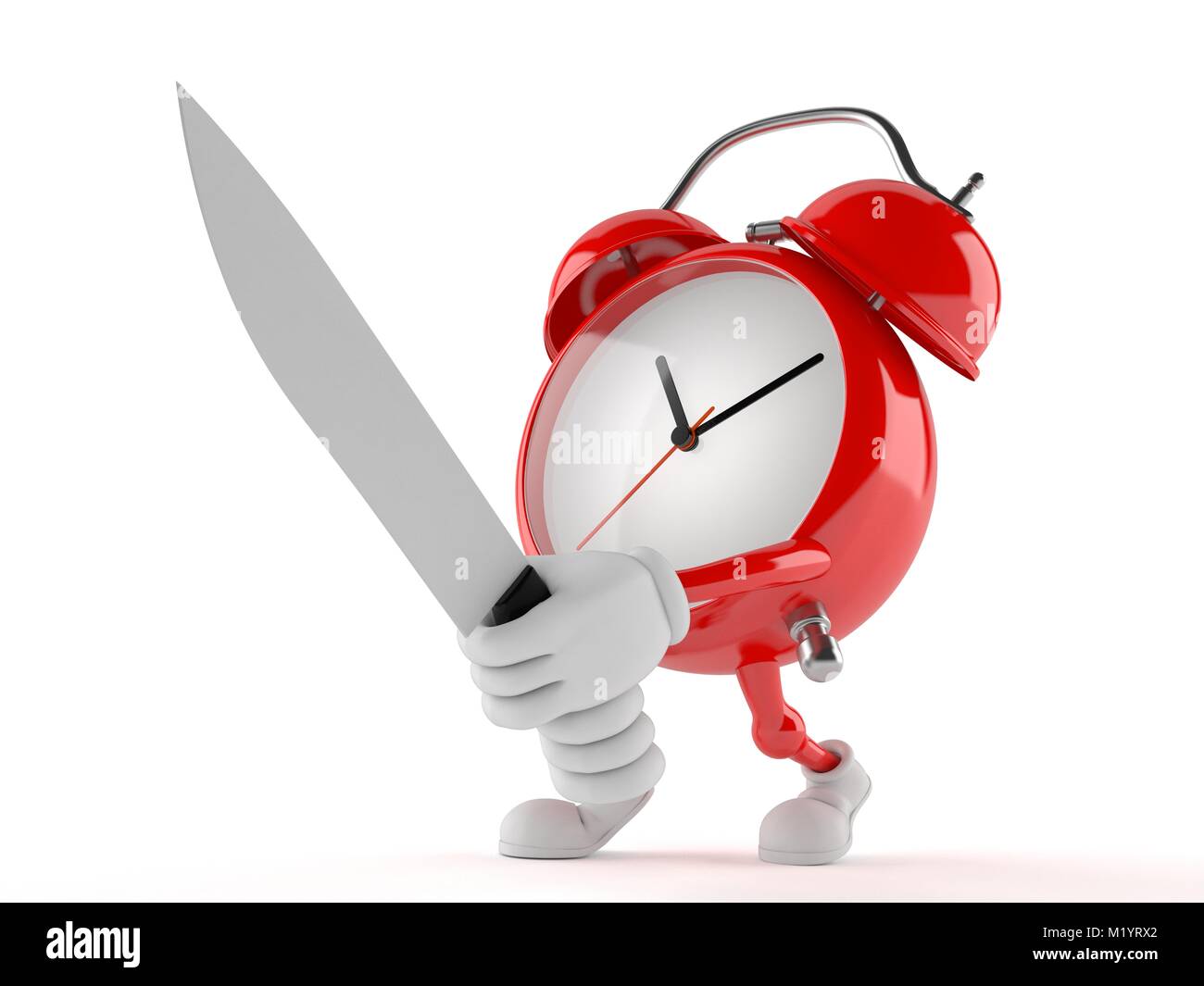 Alarm clock character with kitchen knife isolated on white background ...