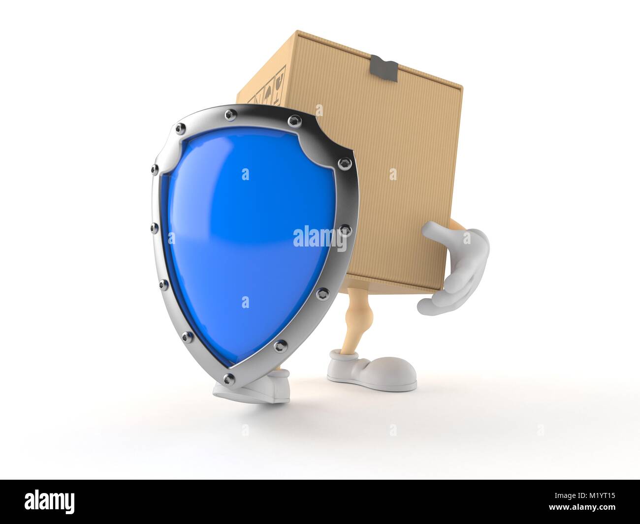 Package character with shield isolated on white background Stock Photo ...