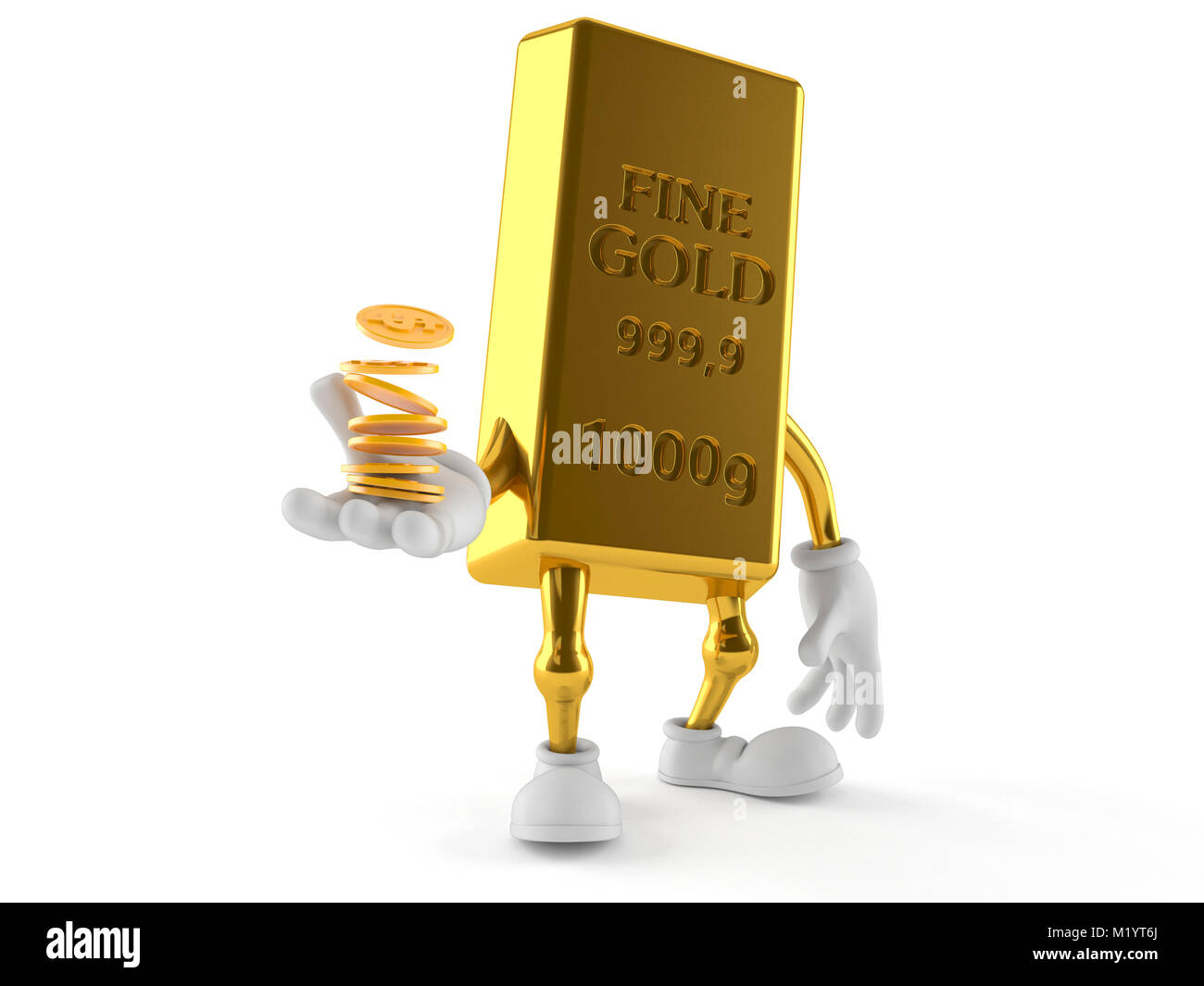Gold character with coins isolated on white background Stock Photo - Alamy